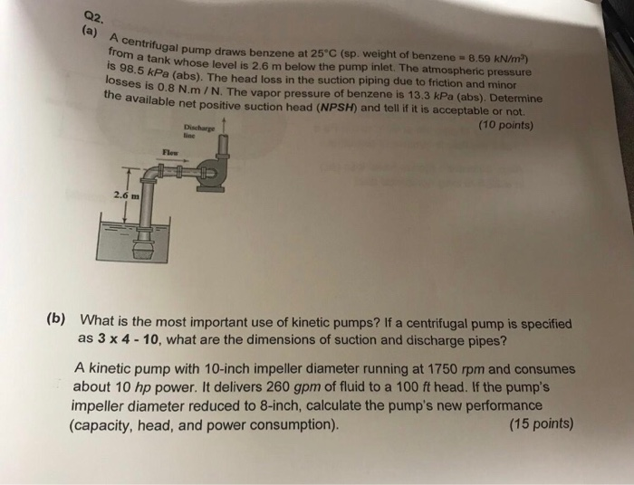 Solved 02. centrifugal pump draws benzene at 25°C (sp. | Chegg.com