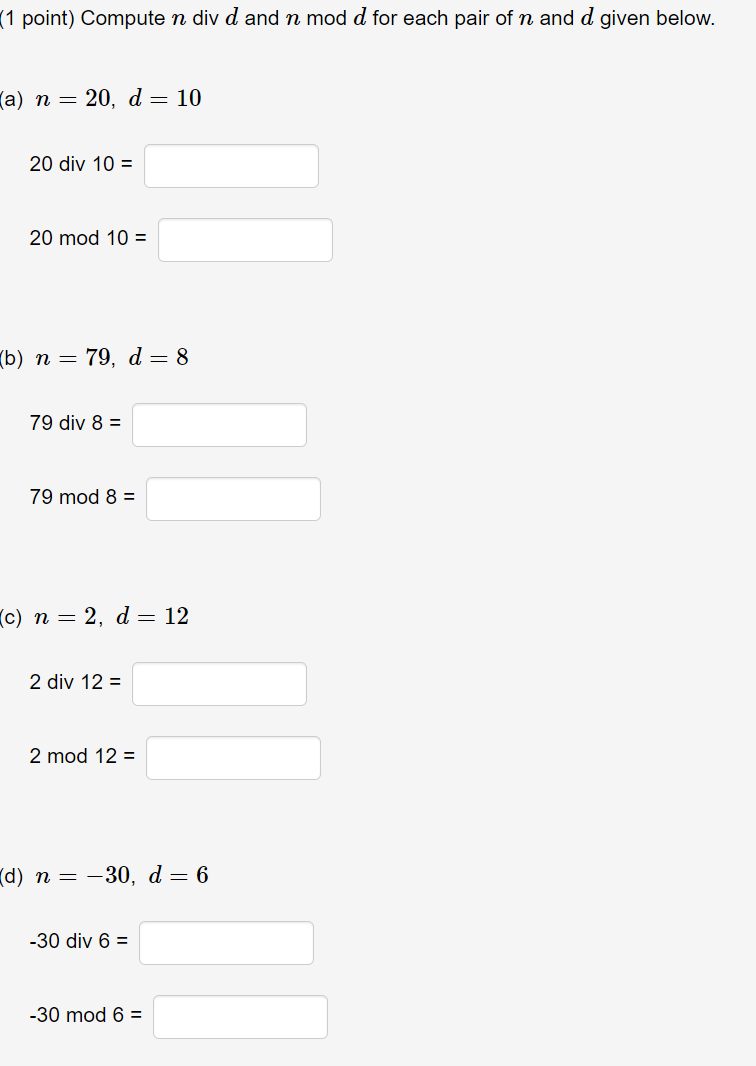 Solved (1 point) Compute n div d and nmodd for each pair of | Chegg.com