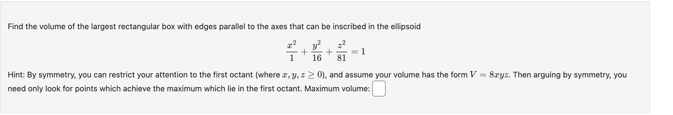Solved 1x2+16y2+81z2=1 Hint: By symmetry, you can restrict | Chegg.com