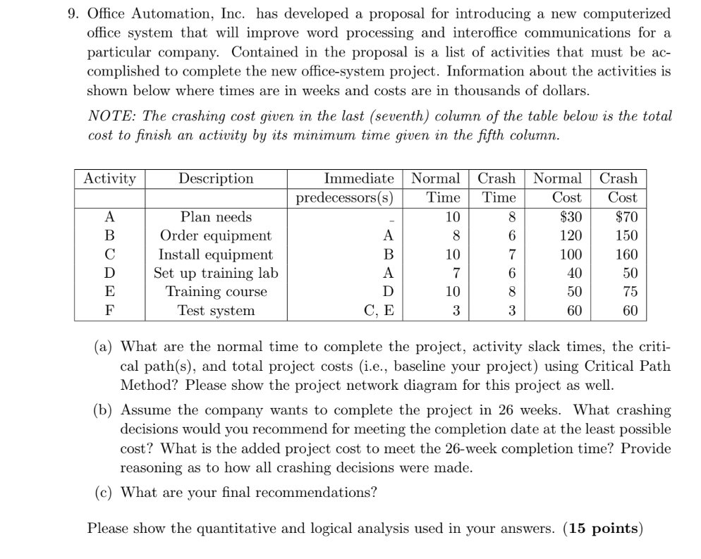 Solved 9. Office Automation, Inc. has developed a proposal | Chegg.com