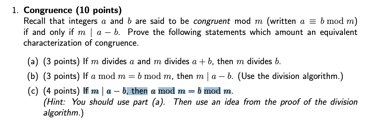Solved 1. Congruence (10 points) Recall that integers a and | Chegg.com