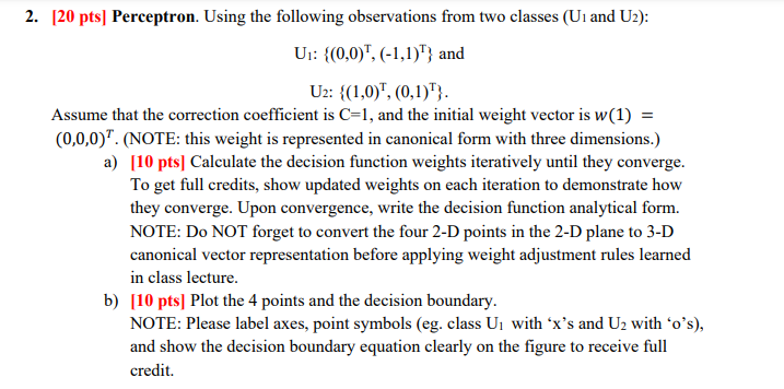 Solved [20 pts] Perceptron. Using the following observations | Chegg.com