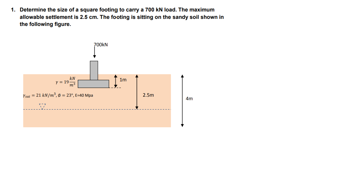 Solved 1. Determine the size of a square footing to carry a | Chegg.com