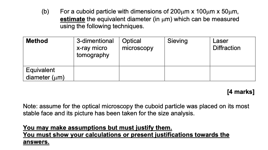 Solved (b) For a cuboid particle with dimensions of 200um x | Chegg.com