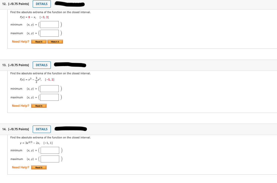 Solved 12. [-70.75 Points) DETAILS Find the absolute extrema | Chegg.com
