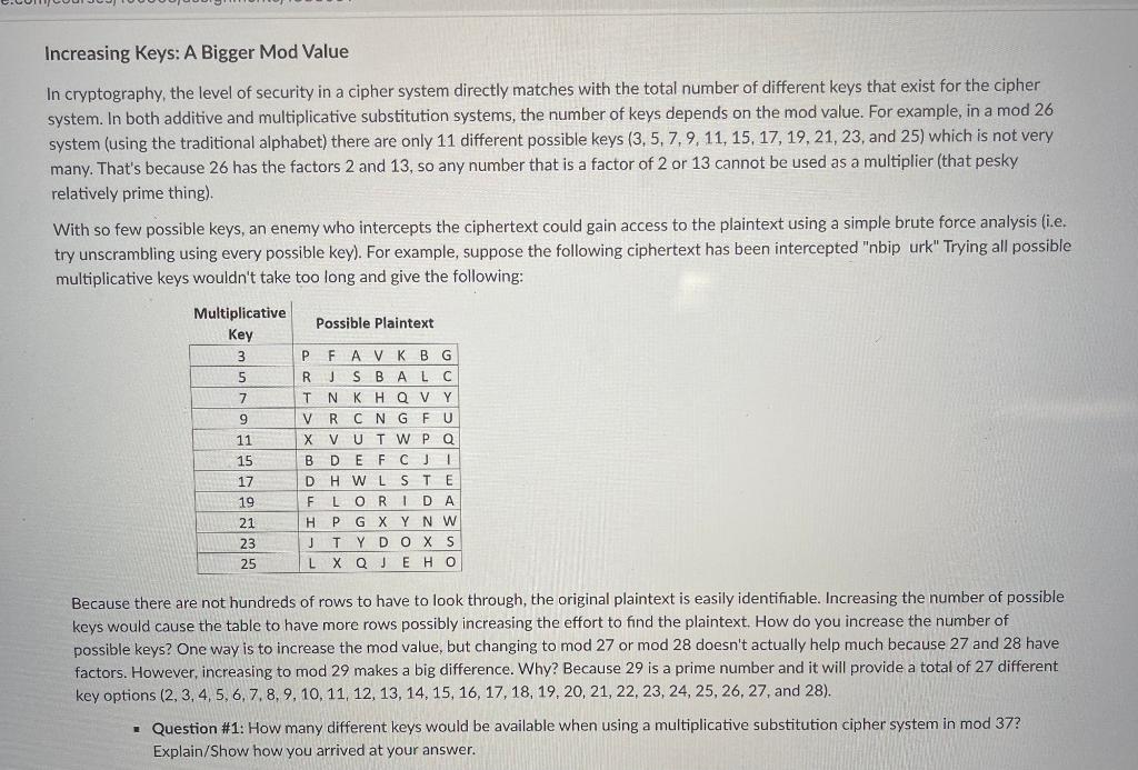 Solved Increasing Keys: A Bigger Mod Value In cryptography, | Chegg.com