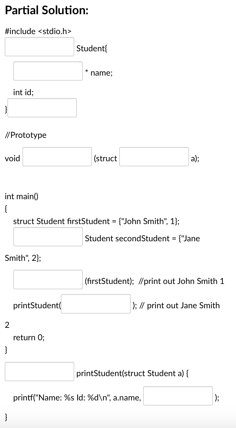 Solved #include Student \{ * name; int id; // Prototype | Chegg.com