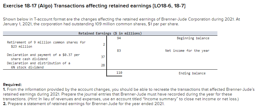 Solved Exercise 18-17 (Algo) Transactions affecting retained | Chegg.com