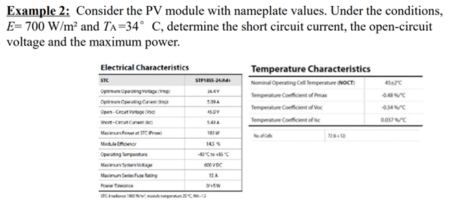 Example 2: Consider the PV module with nameplate | Chegg.com