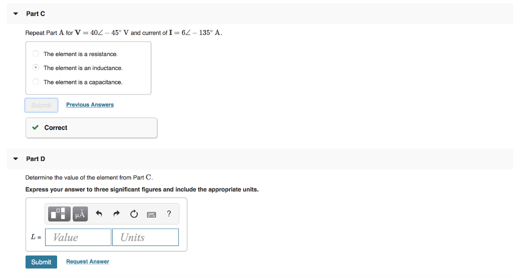 Solved Part A A certain element has a phasor voltage of V = | Chegg.com