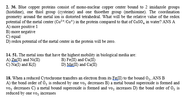 2. 36. Blue copper proteins consist of mono-nuclear | Chegg.com