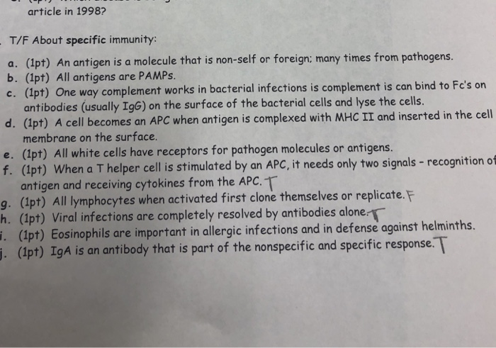 Solved article in 1998? T/F About specific immunity: a. | Chegg.com