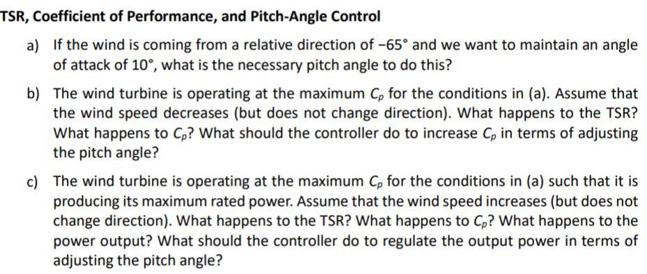 TSR, Coefficient of Performance, and Pitch-Angle | Chegg.com