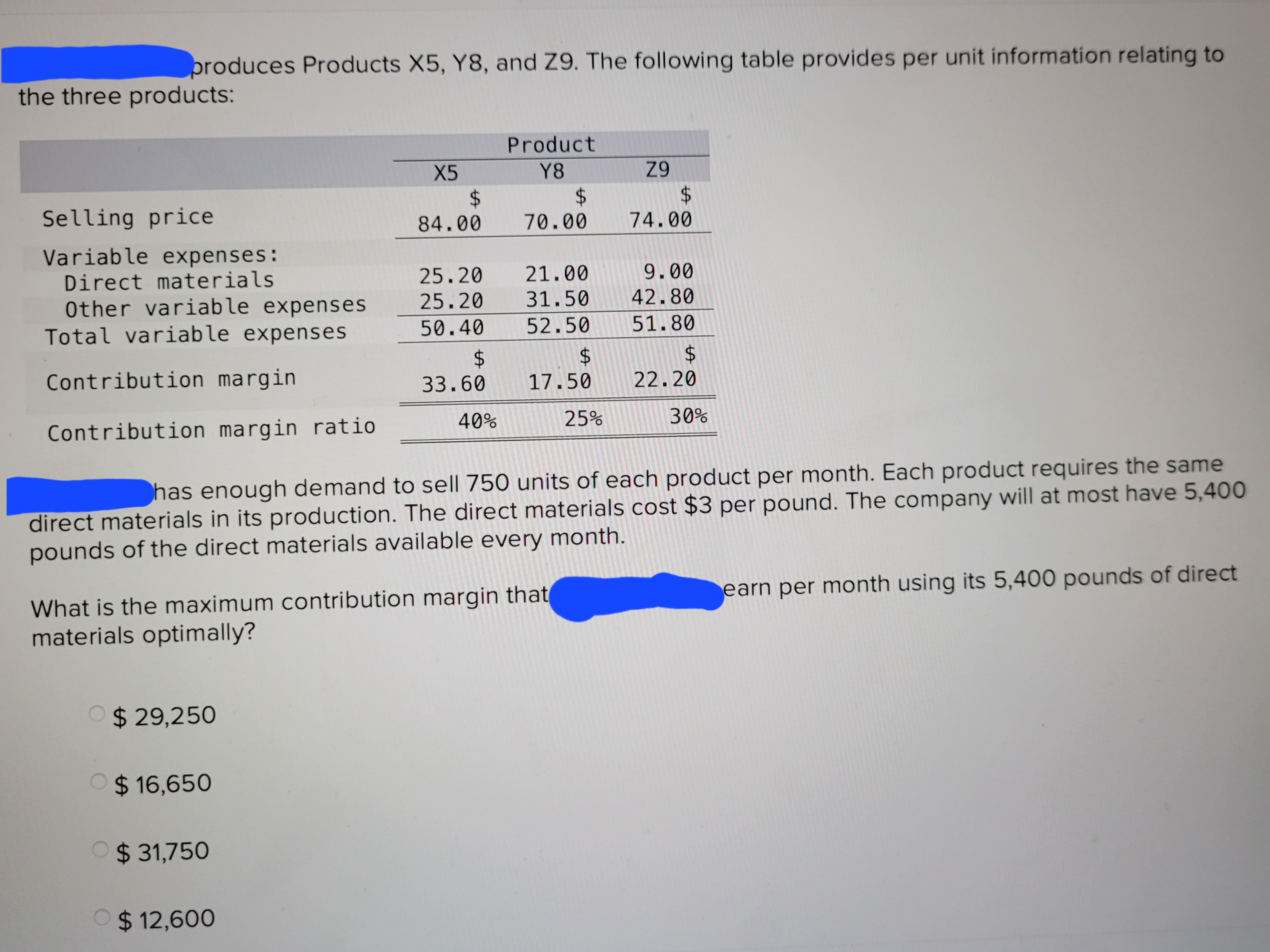 Solved produces Products X5,Y8, and Z9. The following table | Chegg.com