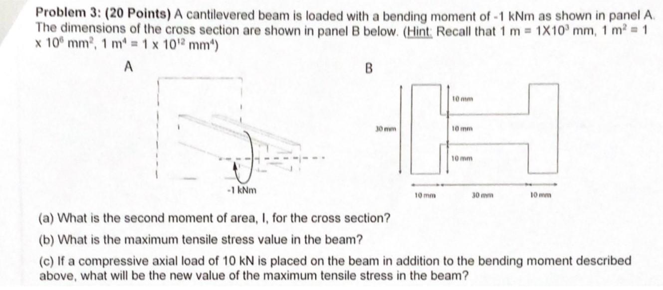 Solved Problem 3: (20 Points) A cantilevered beam is loaded | Chegg.com