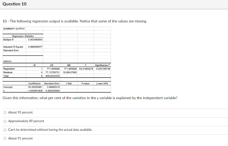 Solved The following regression output is available. Notice | Chegg.com