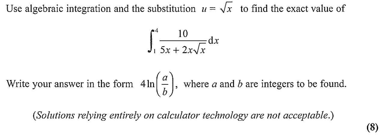 Solved Use algebraic integration and the substitution u= Vx | Chegg.com