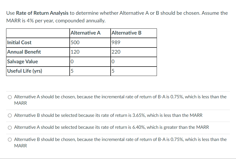 Solved Use Rate of Return Analysis to determine whether | Chegg.com