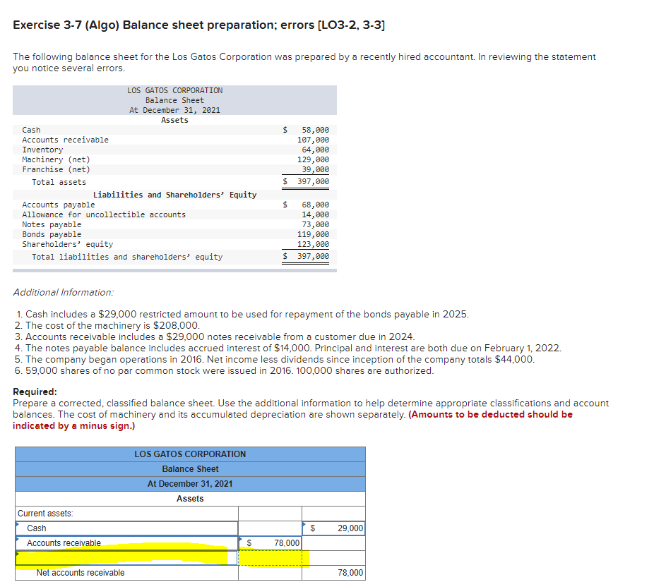 Solved Exercise 3-7 (Algo) Balance sheet preparation; errors | Chegg.com