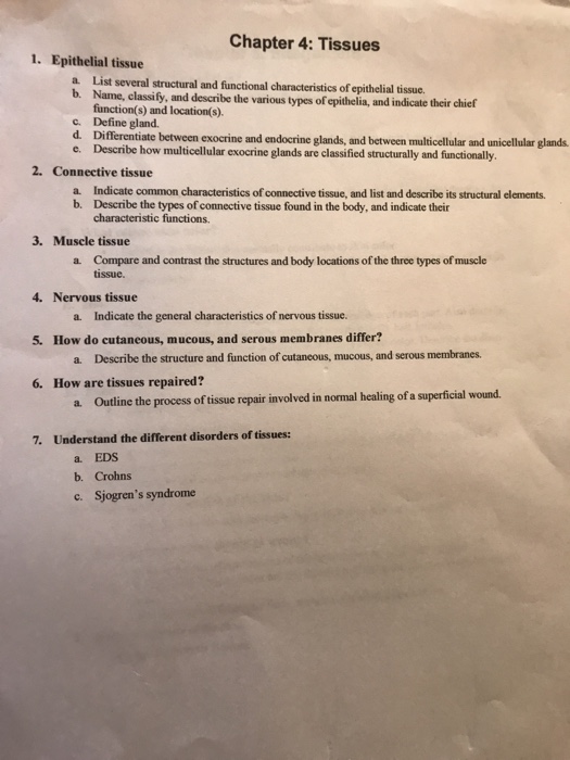 Solved Chapter 4: Tissues 1. Epithelial tissue a. List | Chegg.com