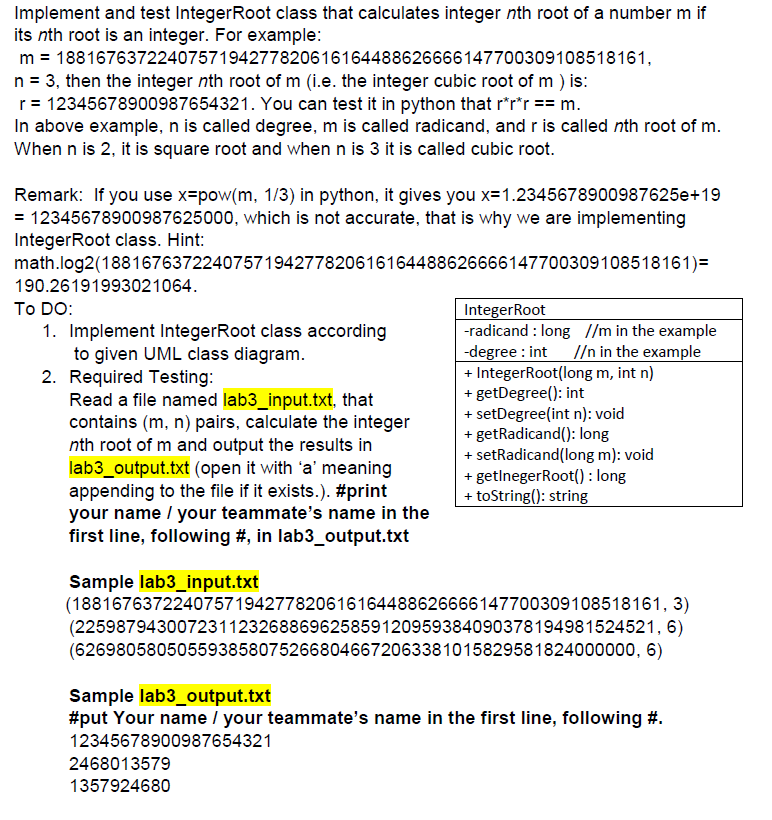 Solved Implement and test IntegerRoot class that calculates | Chegg.com