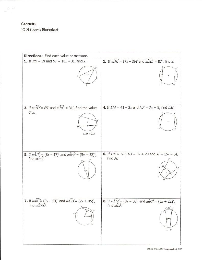 Solved Geometry 10.3 Chords Worksheet Directions: Find each | Chegg.com