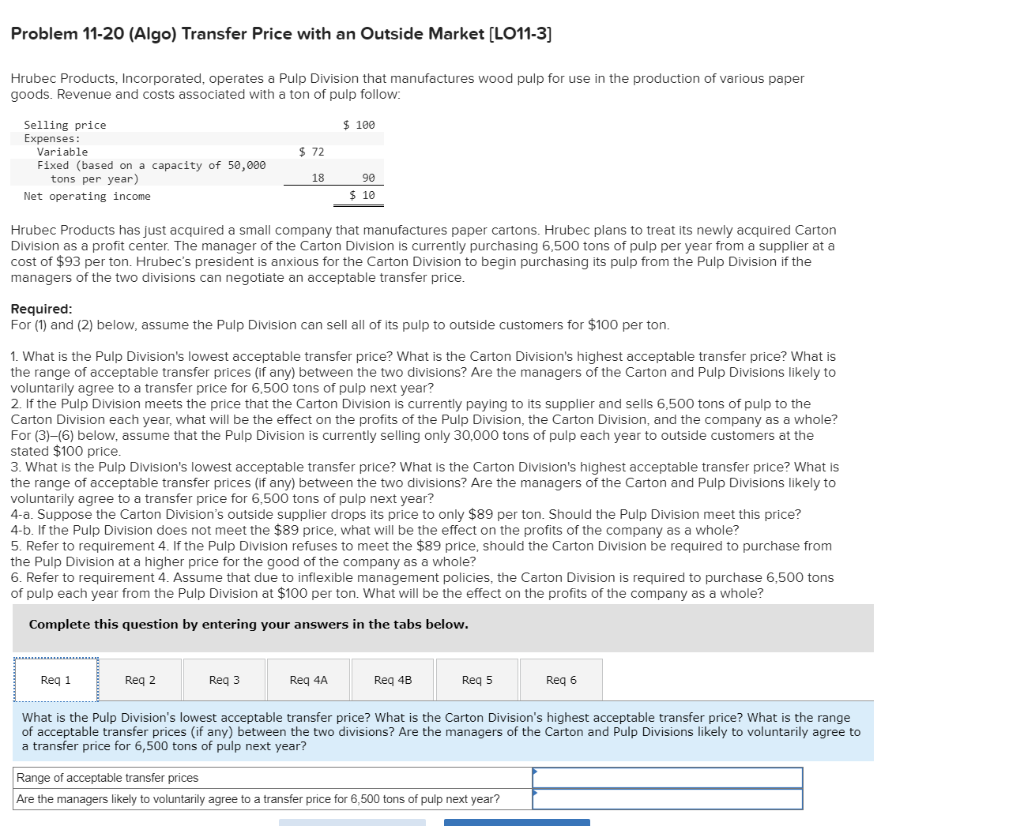 Solved Problem 11-20 (Algo) Transfer Price with an Outside | Chegg.com