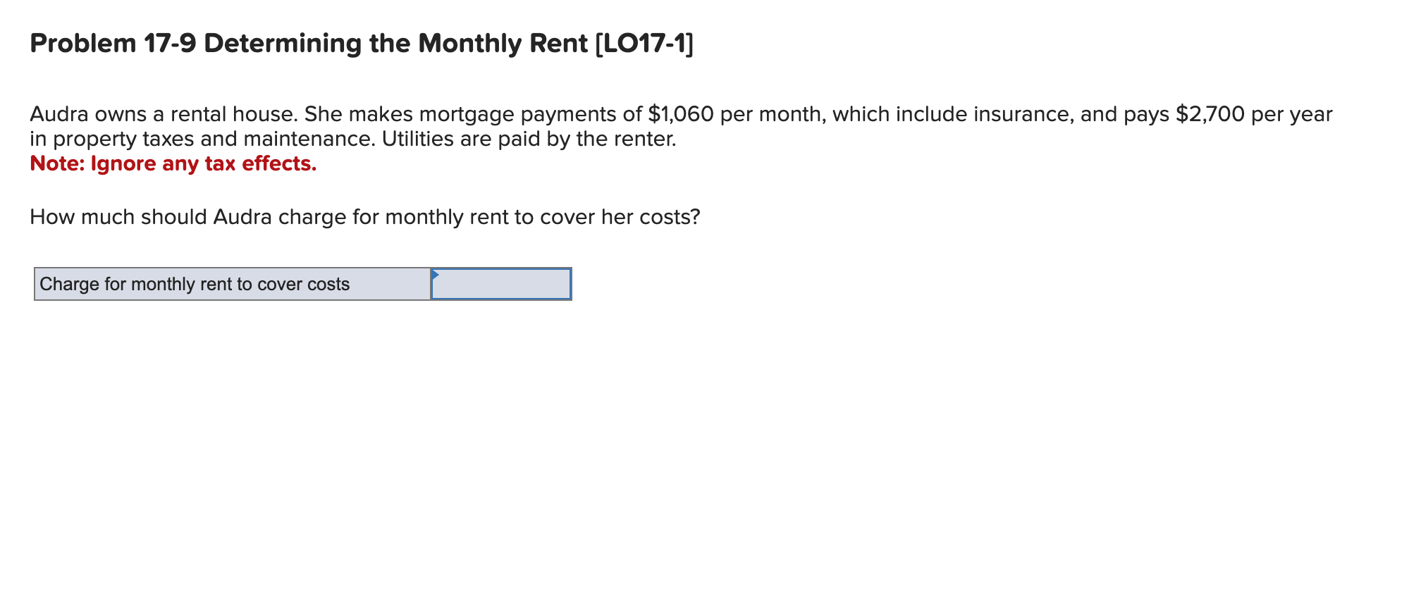 Solved Problem 17-9 ﻿Determining the Monthly Rent | Chegg.com