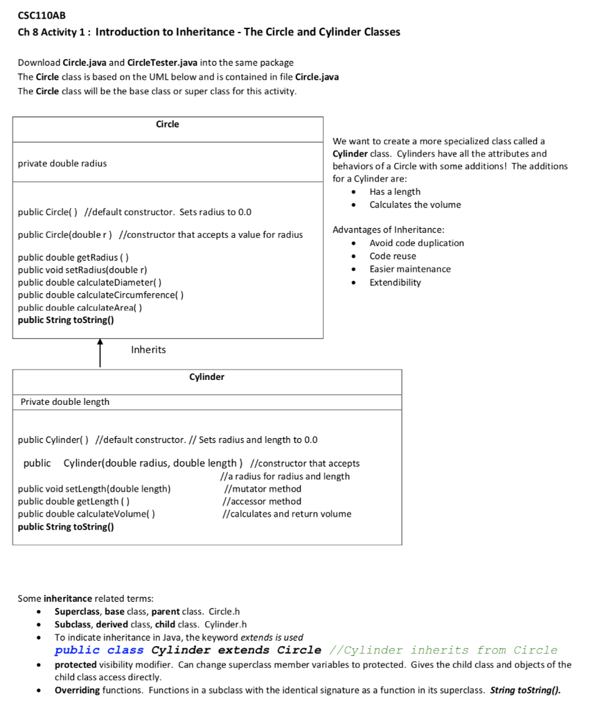 Solved CSC110AB Introduction to Inheritance - The Circle and | Chegg.com