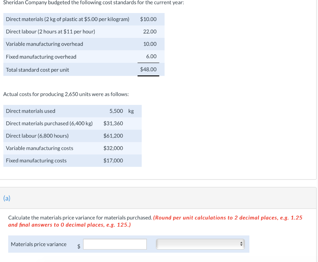Solved Sheridan Company budgeted the following cost | Chegg.com
