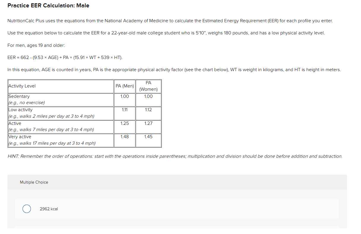 Solved Practice EER Calculation: Male NutritionCalc Plus | Chegg.com
