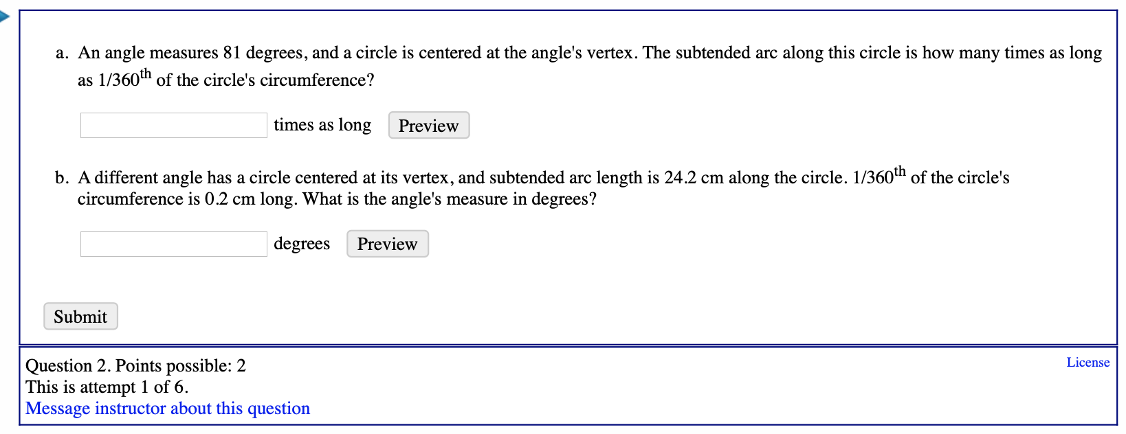 Solved a. An angle measures 81 degrees, and a circle is | Chegg.com