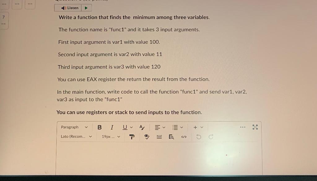 Solved Write a function that finds the minimum among three | Chegg.com