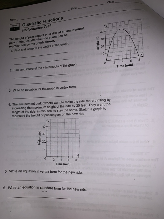 Solved Class Date Name NQuadratic Functions Performance Task | Chegg.com