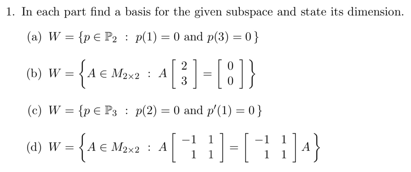 Solved 1. In each part find a basis for the given subspace | Chegg.com