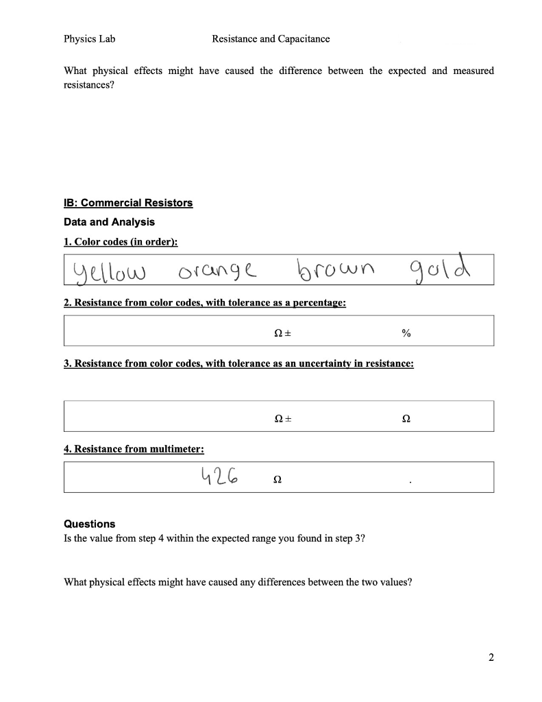 Solved Physics Lab Resistance Part I: Resistors and | Chegg.com