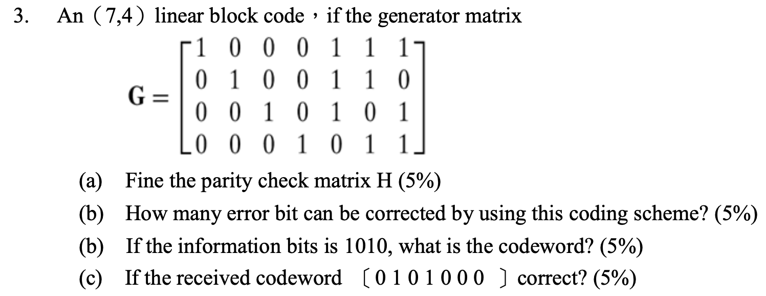 Solved 3 An 74 Linear Block Code If The Generator Matrix 