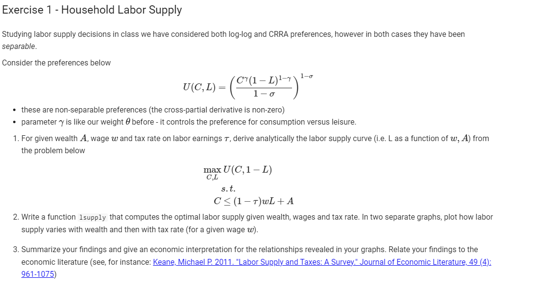 Solved Exercise 1 - ﻿Household Labor SupplyStudying labor | Chegg.com