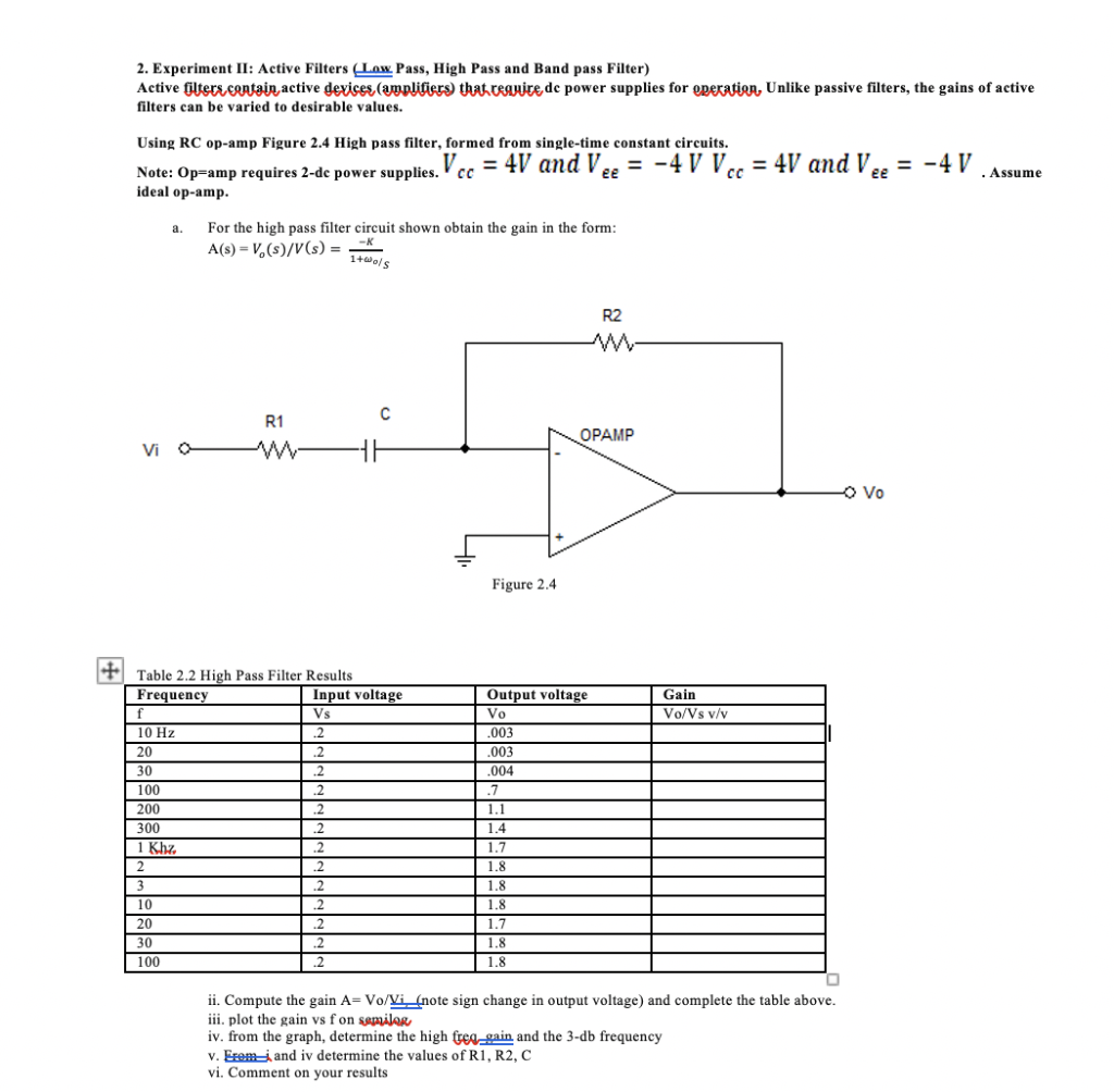 2. Experiment II: Active Filters Low Pass, High Pass | Chegg.com