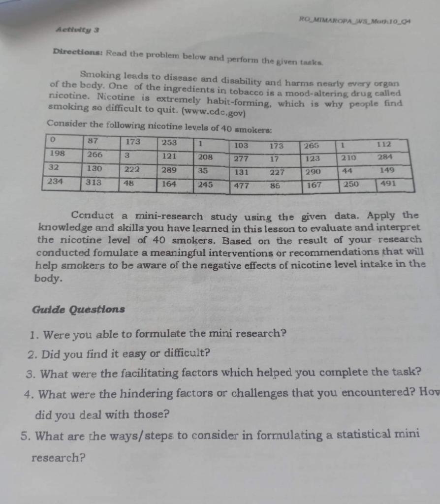 RO MIMAROPA_WS Math 10_04 Activity 3 Directions: Read | Chegg.com