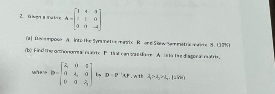 Solved 2. Given a matrix A [00-4 (a) Decompose A into the | Chegg.com