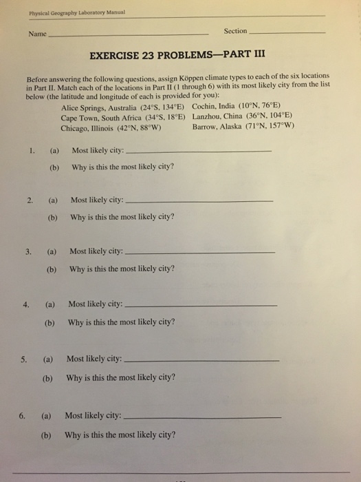 Solved EXERCISE 23: Climate Classification Section EXERCISE | Chegg.com