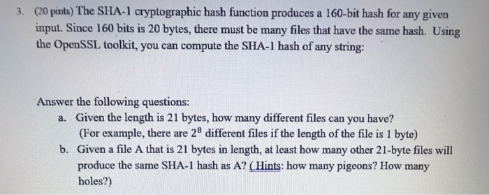 (20 pints) The SHA-1 cryptographic hash function | Chegg.com (20 pints) The SHA-1 cryptographic hash function | Chegg.com