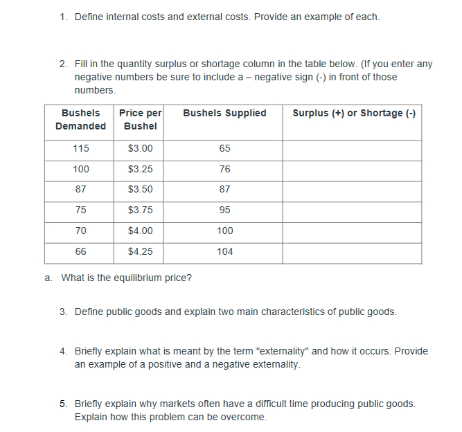 Solved Define internal costs and external costs. Provide an | Chegg.com