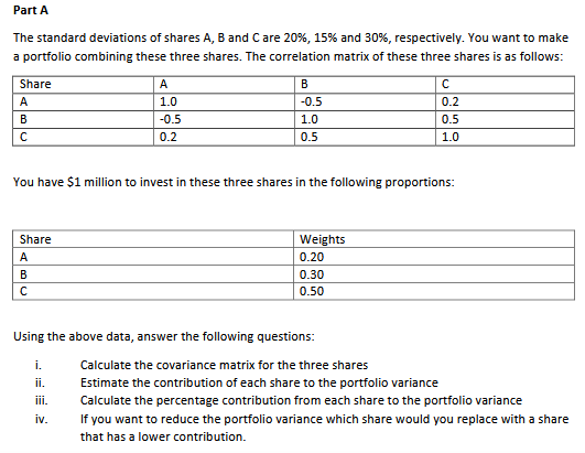 Solved Part A The standard deviations of shares A, B and | Chegg.com
