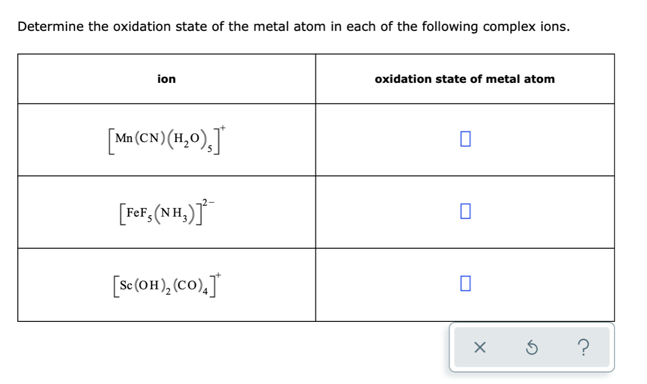 Solved Determine the oxidation state of the metal atom in | Chegg.com