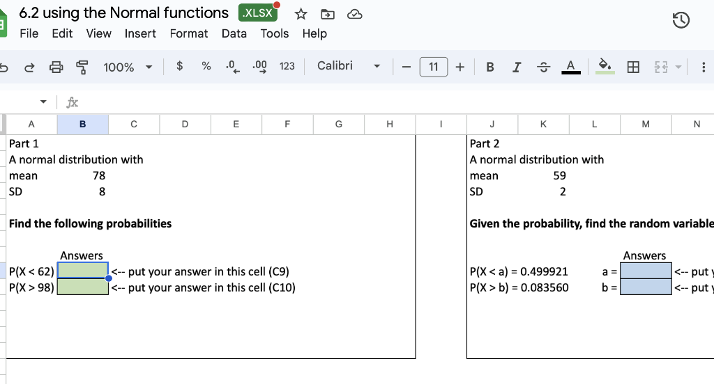 Solved 6.2 using the Normal functions. xLSX⇝Θ (5) File Edit | Chegg.com