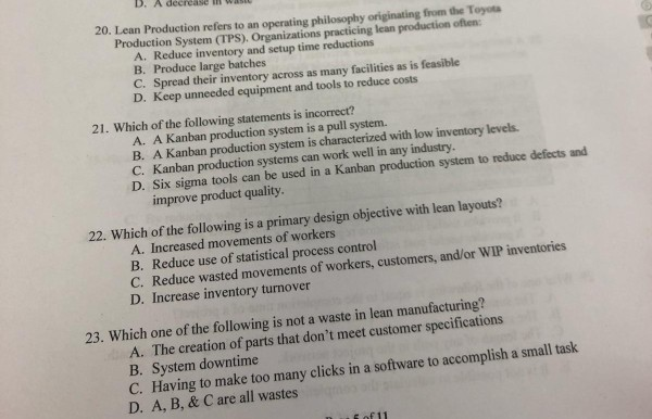 Solved 20. Lean Production refers to an operating philosophy | Chegg.com