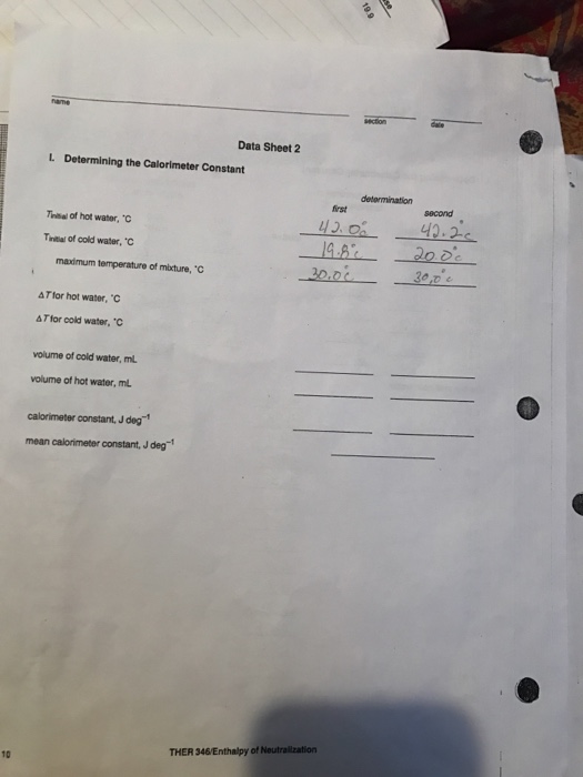 Solved Data Sheet 1 l. Determining the Calorimeter Constant | Chegg.com