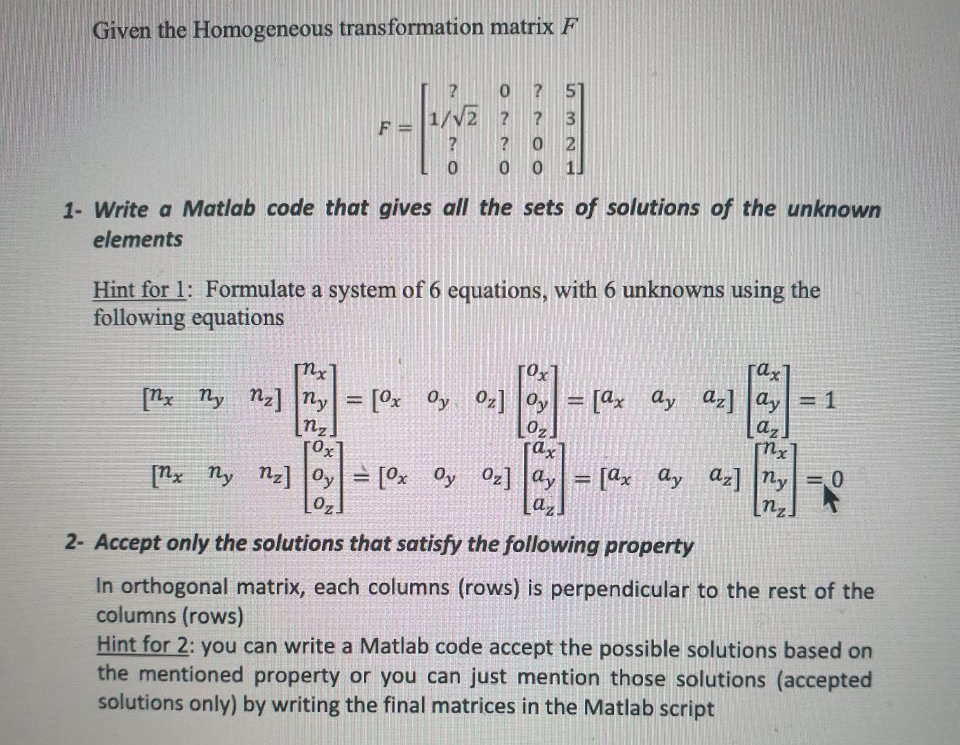 Given the Homogeneous transformation matrix F 1/V2 ? | Chegg.com